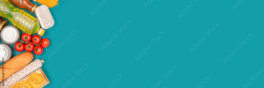 Food bank, food delivery concept. Banner with food donations on green ...