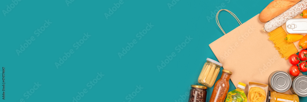 Food bank, food delivery concept. Banner with food donations and paper ...