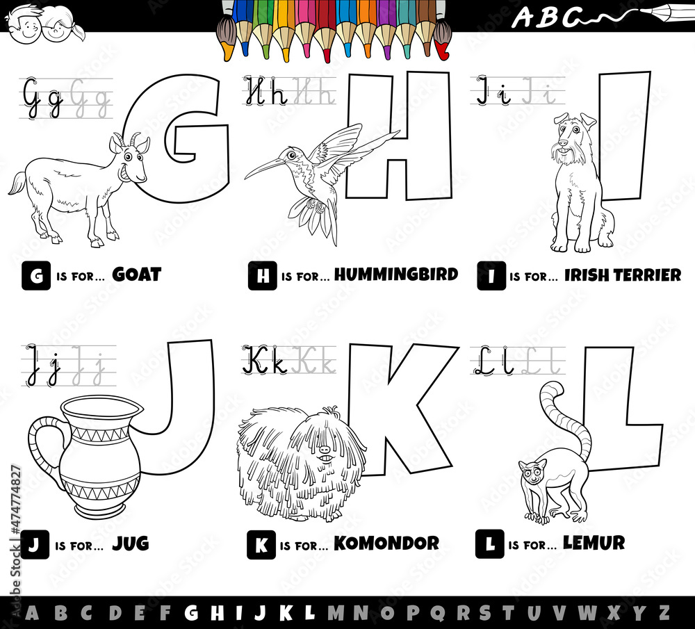 Educational Cartoon Alphabet Letters Set From G To L Color Book Page Educational Cartoon Alphabet Letters Set From G To L Color Book Page