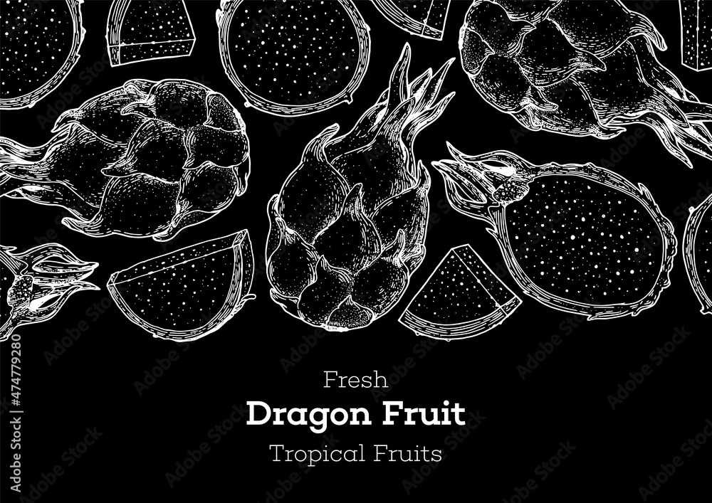 Dragon fruit hand drawn package design. Vector illustration. Sketch for ...