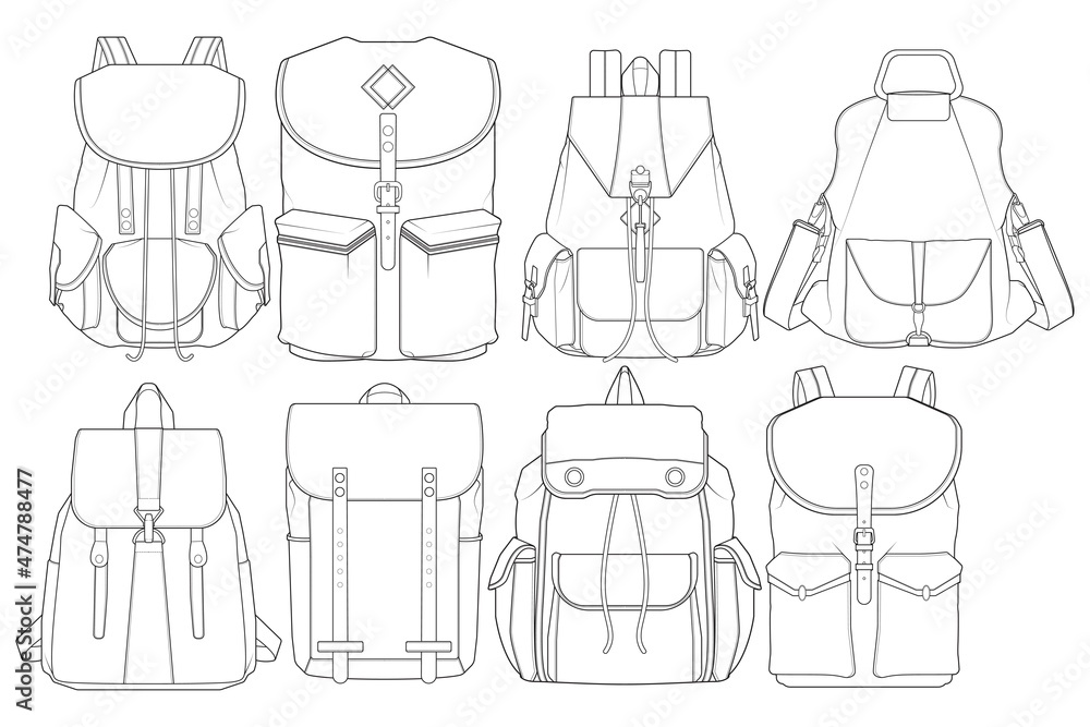 Set of backpack outline drawing vector, set of Backpack in a sketch ...