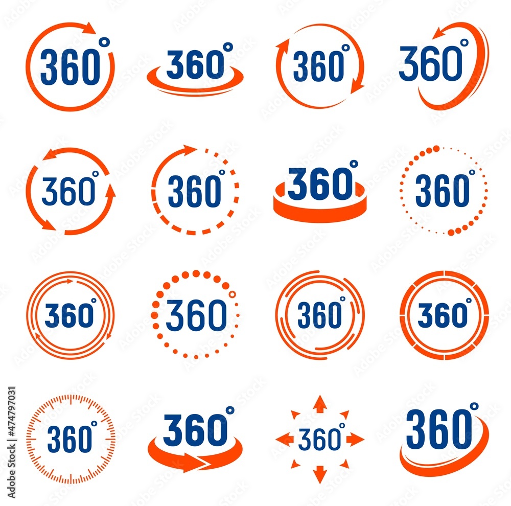 360 degrees rotate icons, 3D perspective of virtual camera panorama ...