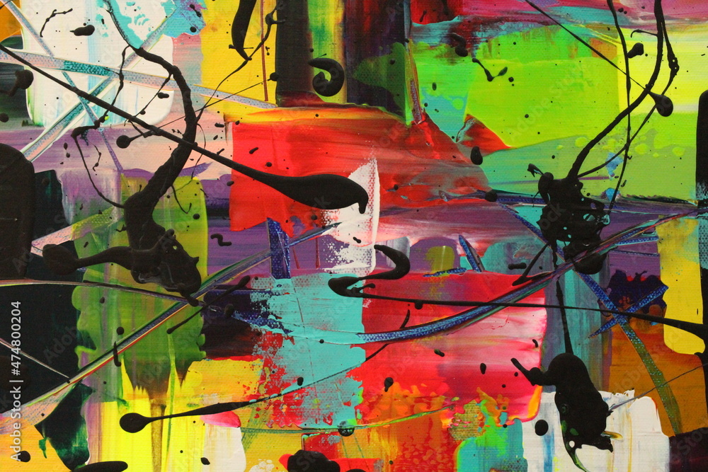 Dramatic abstract painting with layers of vivid colors and black ...