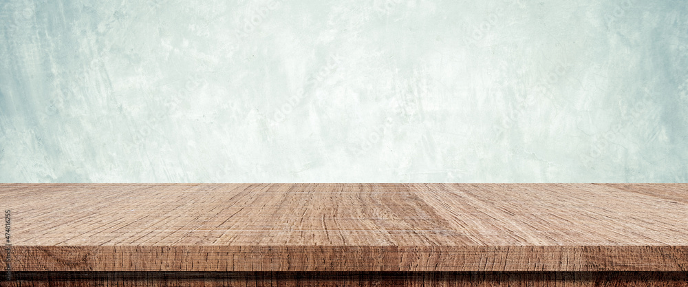 Wood table and green wall background in kitchen, Wooden shelf, counter ...