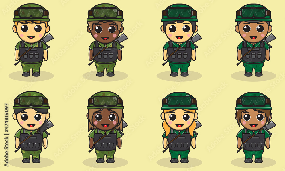 Vector illustration of Cute Soldier cartoon with Vest and Gun. flat ...