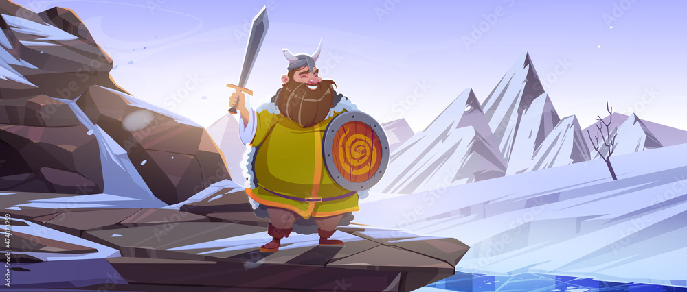 Vetor de Viking, scandinavian warrior, cartoon character. Funny fat man ...
