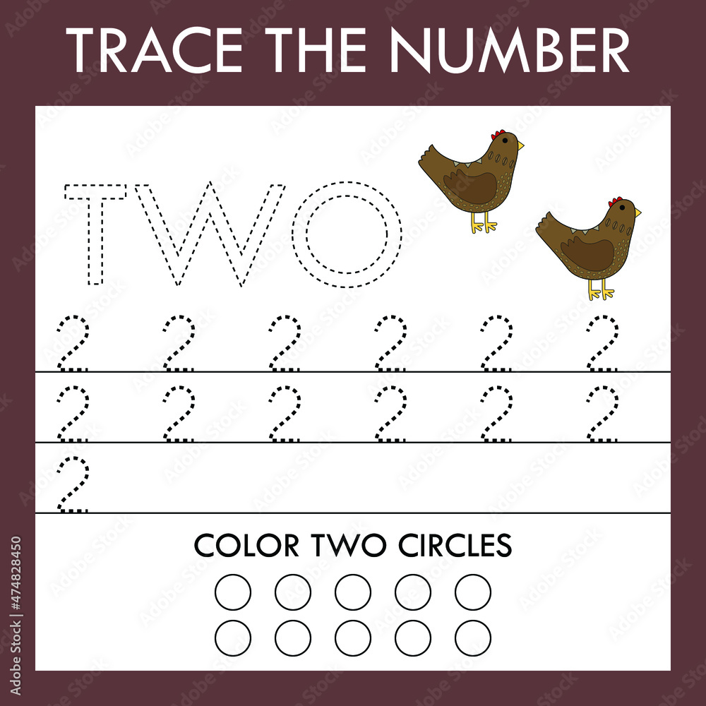 Number two stroke worksheet with pets chickens for fine motor skills ...