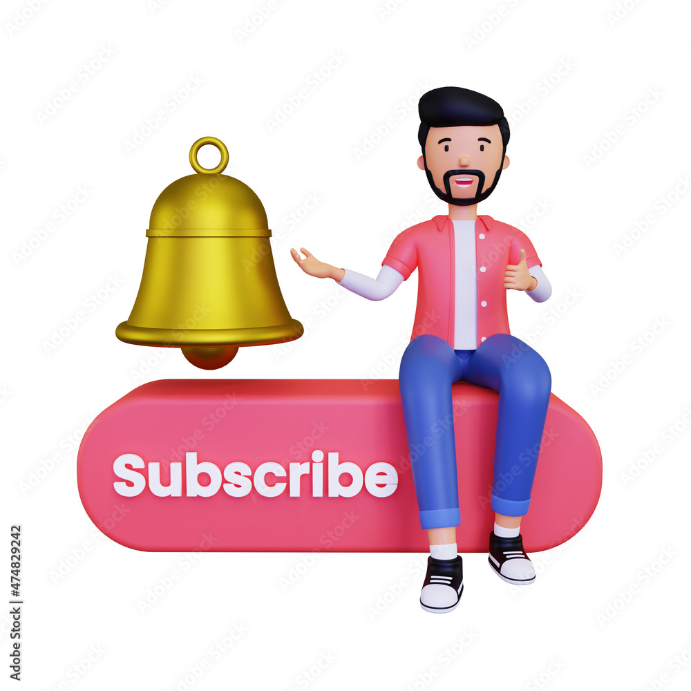 Man shows the notification bell. subscribe illustration. Illustration ...