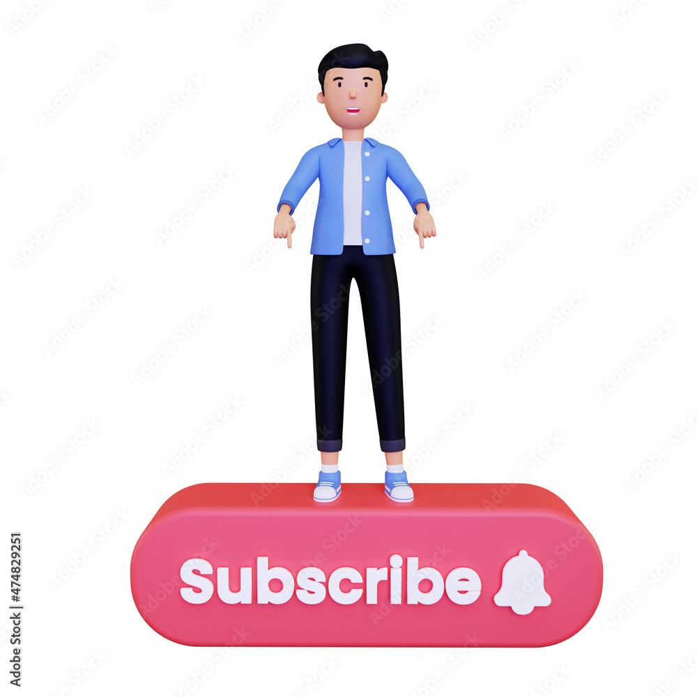 Man points to the subscribe button. Illustration in a simple and ...