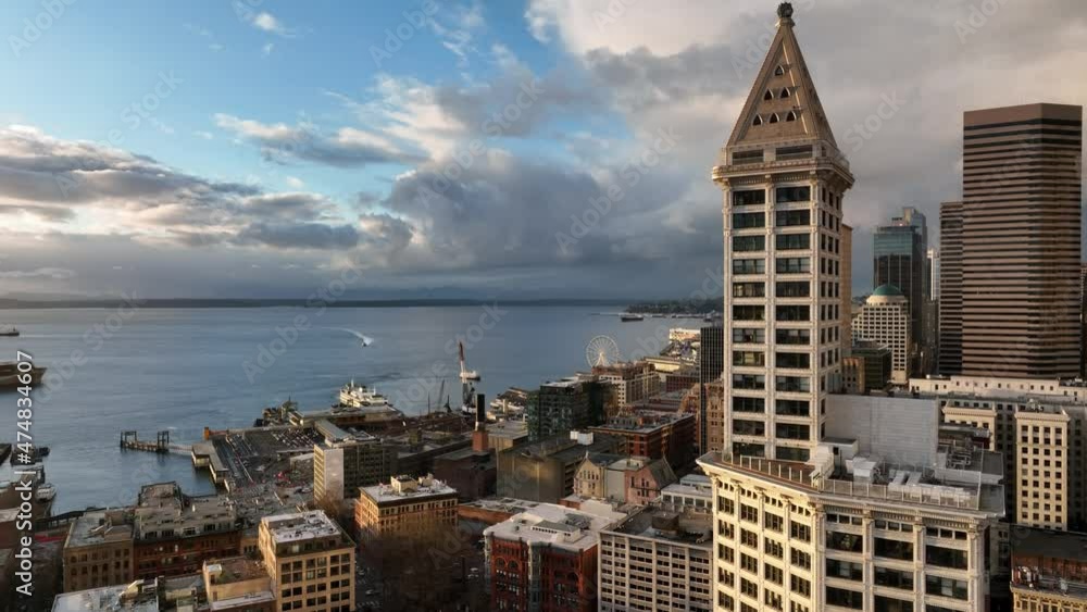 Cinematic 4K aerial drone footage of waterfront Seattle downtown ...
