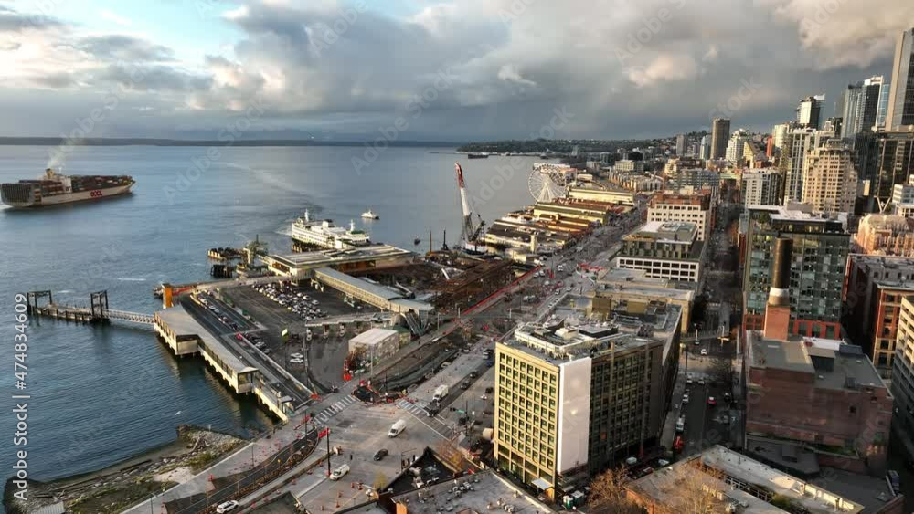 Cinematic 4K aerial drone footage of waterfront Seattle downtown, Ferry ...
