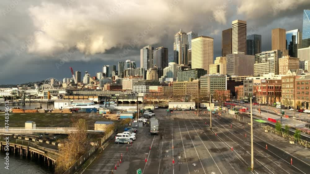 Cinematic 4K aerial drone rise and reveal shot of waterfront Seattle ...