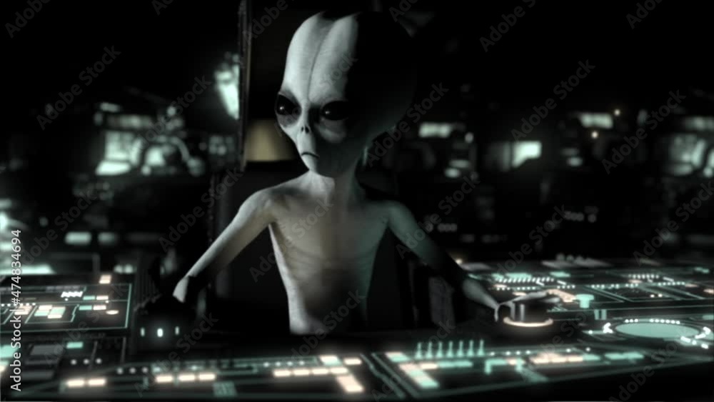 3D CGI VFX animation of a classic Roswell style grey alien sitting at ...