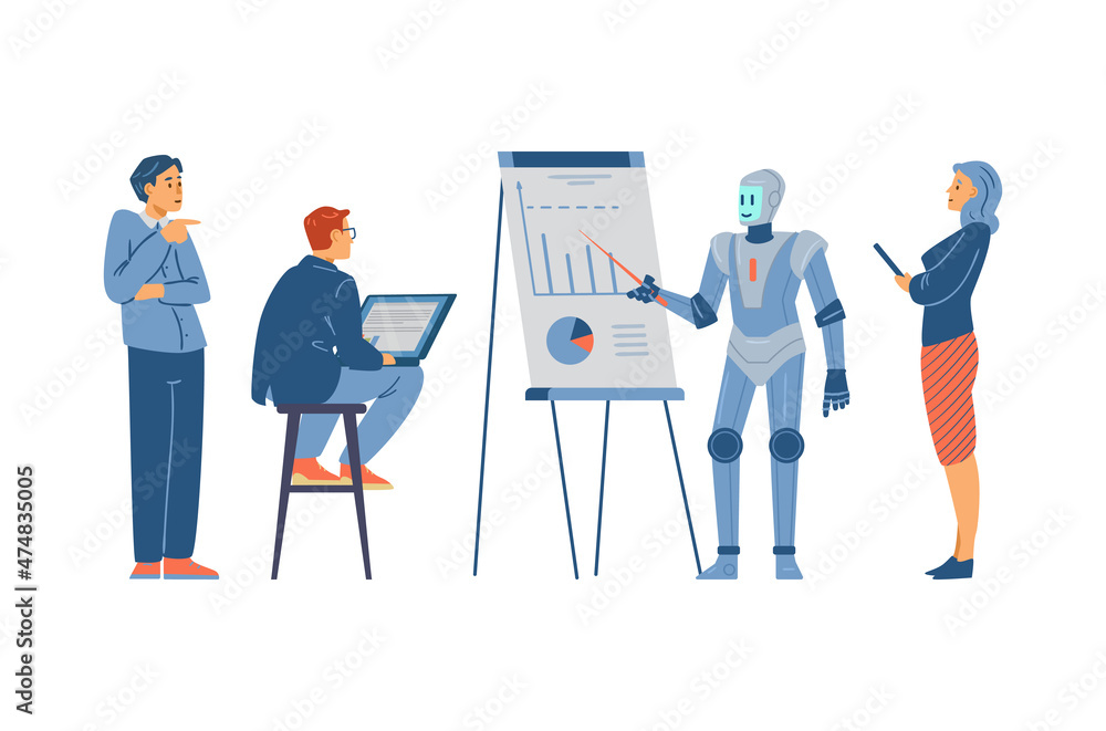 Robot makes presentation with flipchart at work meeting, flat vector ...