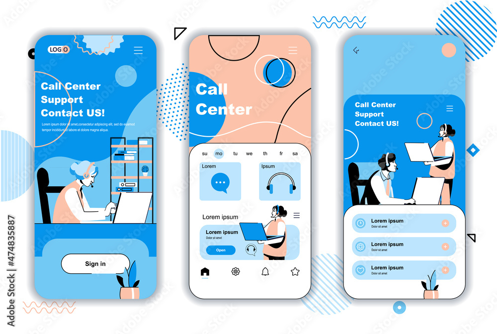 Call center concept onboarding screens for mobile app templates ...