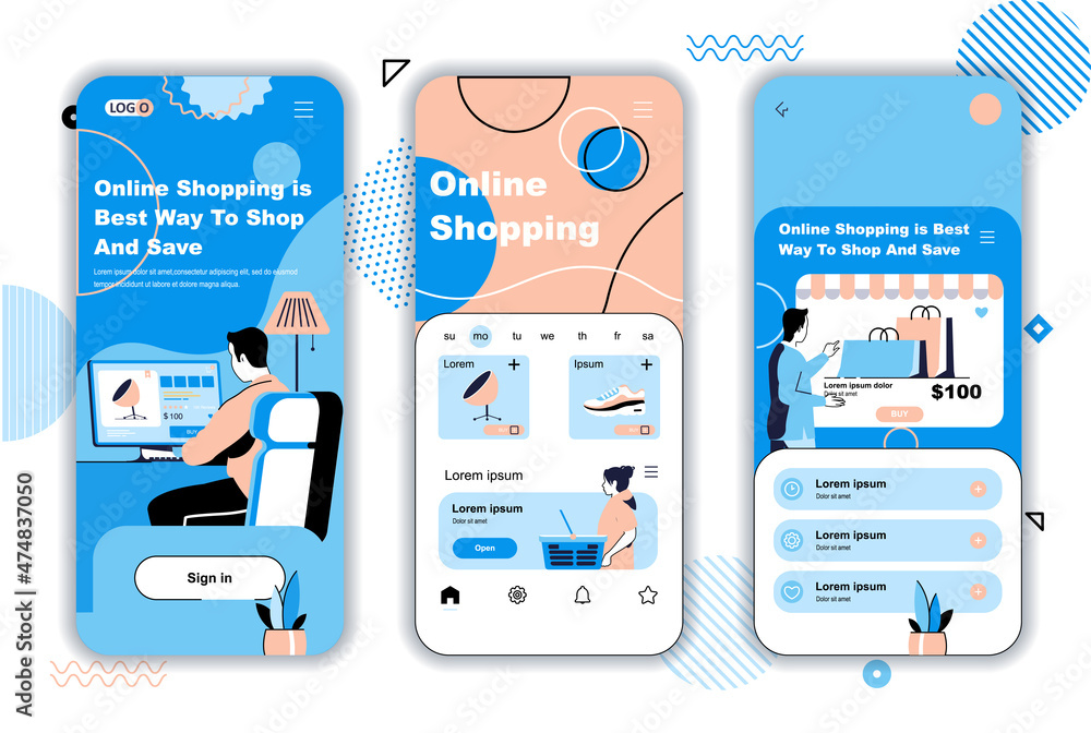 Online shopping concept onboarding screens for mobile app templates ...