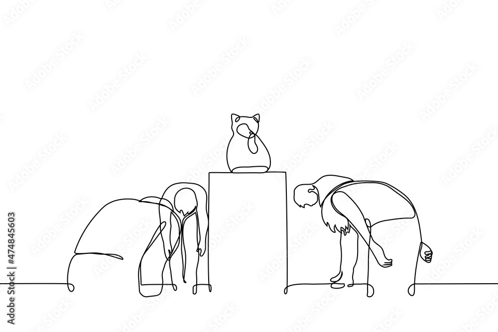 Vettoriale Stock cat sitting on pedestal licking its paw and people ...