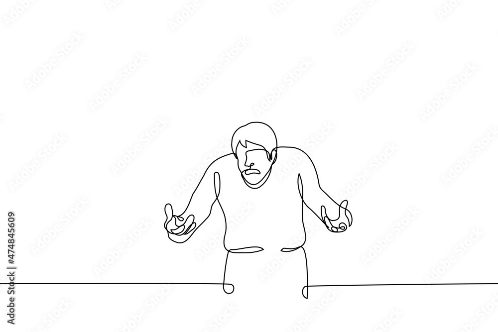 bents man with open mouth with arms outstretched to sides, emotion of ...