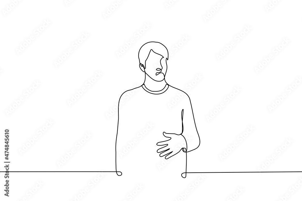 Vetor de man with grimace on face grabbed belly, sore belly - one line ...