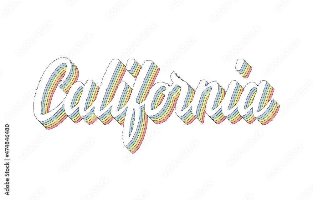 California hand lettering 3d isometric effect with rainbow patterns ...