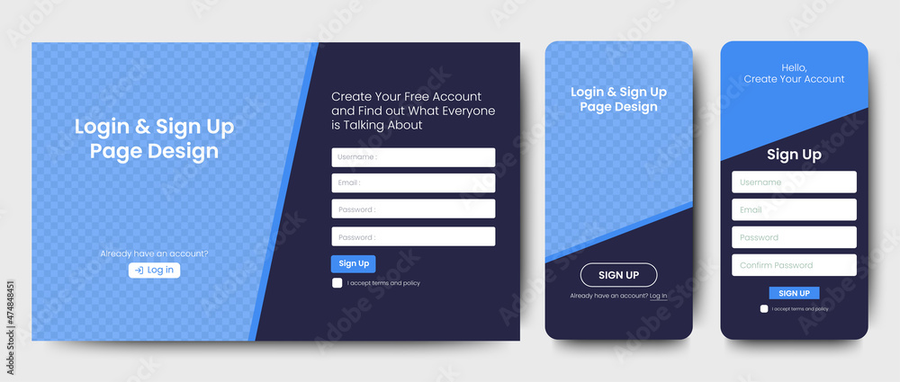 Set of Sign Up and Sign In forms. Dark Blue gradient. Registration and ...