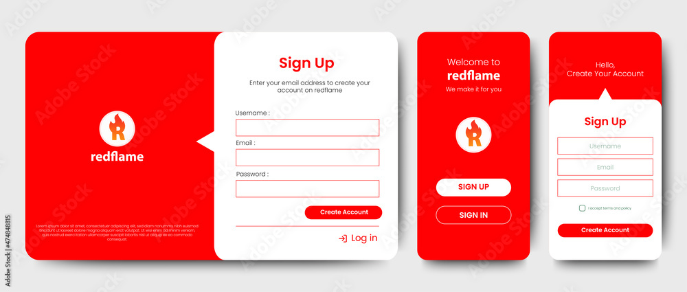 Set of Sign Up and Sign In forms. Red gradient. Registration and login ...