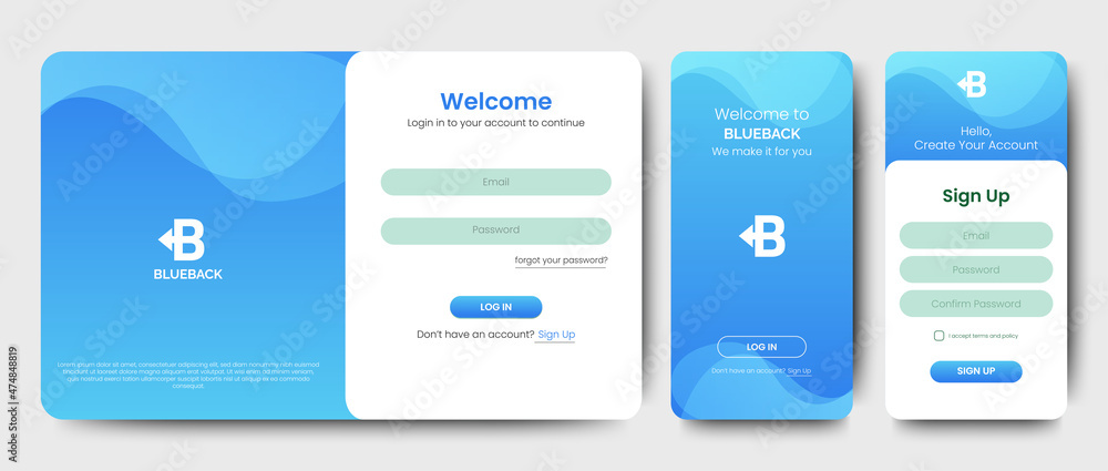 Set of Sign Up and Sign In forms. Blue gradient. Registration and login ...