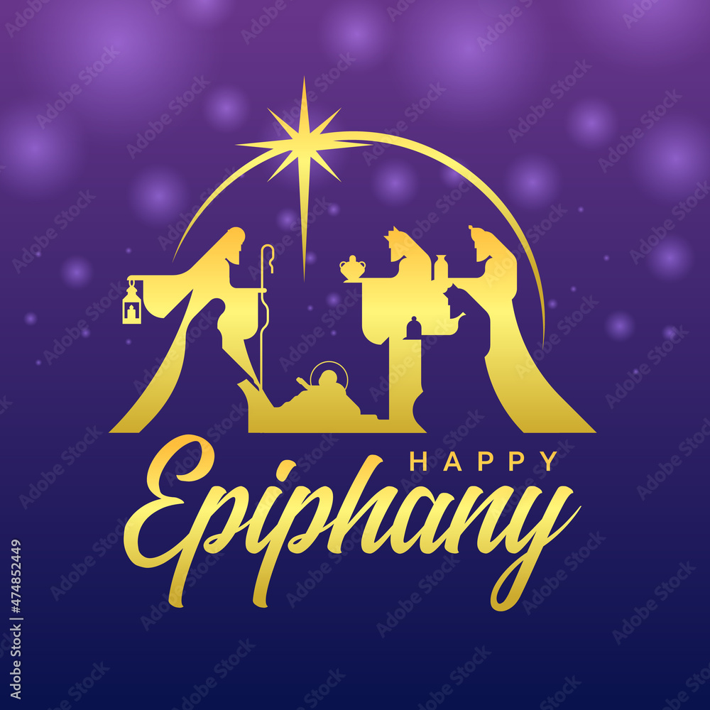 Happy Epiphany - gold nativity of Jesus scene and Three wise men under ...