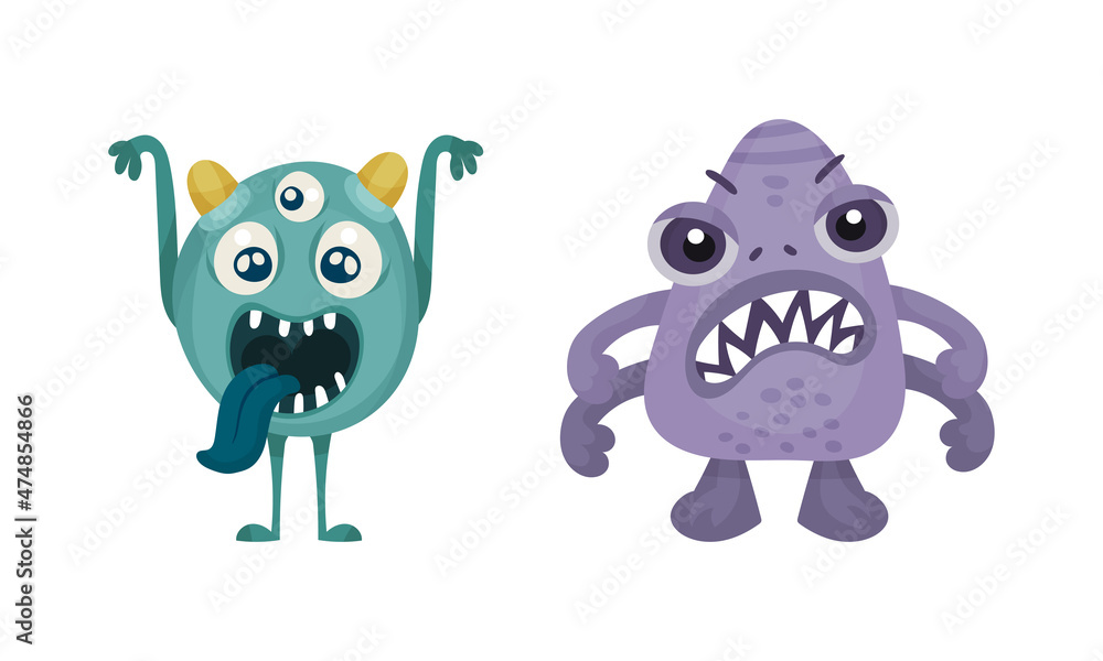 Cute colorful monsters set. Cartoon toothy mutants characters vector ...