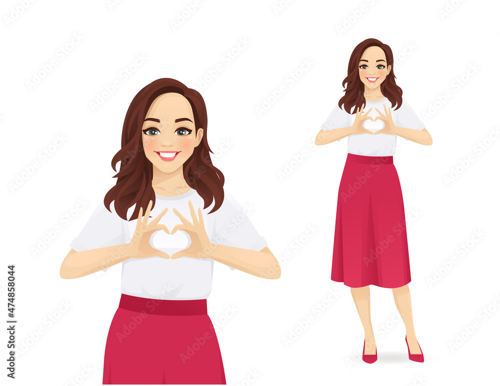Happy cute young beatiful making heart shape with hands standing. Love ...