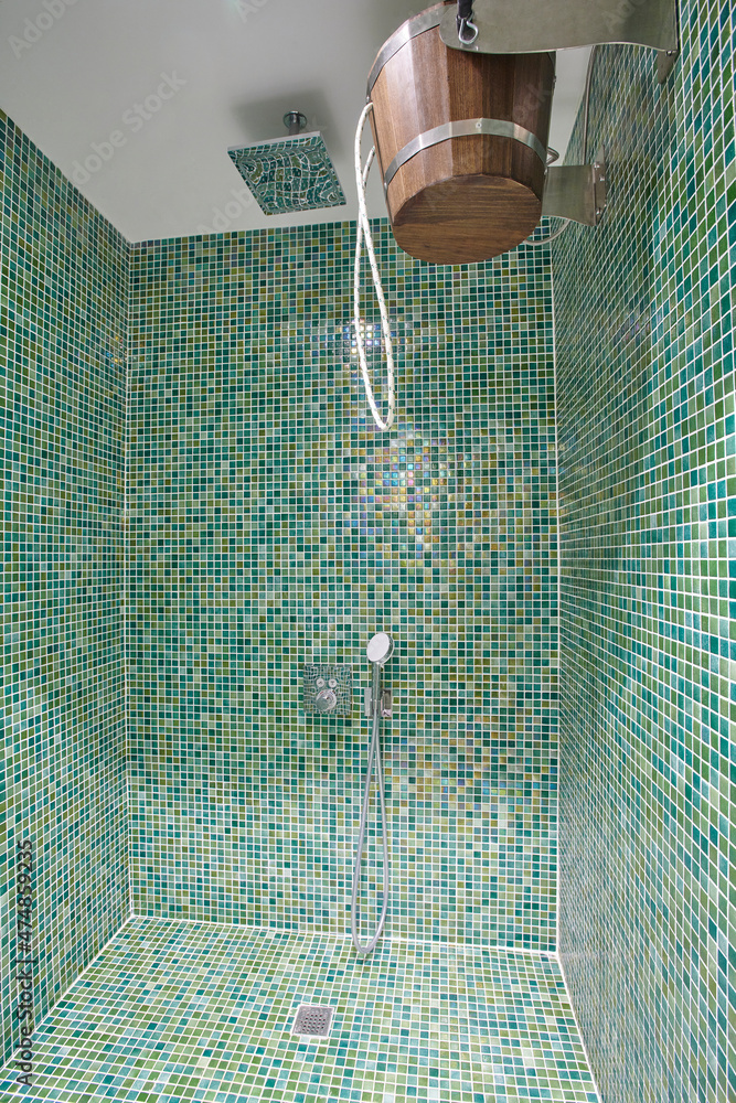 Ice edge plunge bath with very cold water after hot interior room in ...