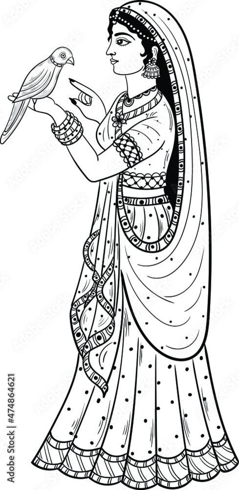 Traditional Indian women painting line art clip art. Black and white ...