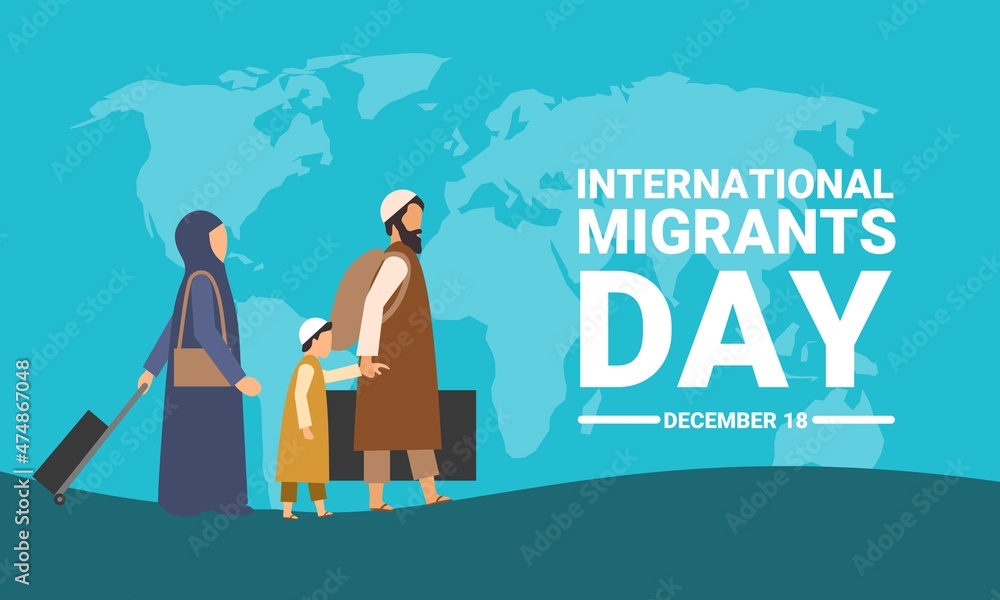 Vector illustration, migrant family walking on world map background, as ...