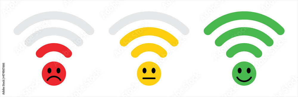 Wifi signal icon with basic emoticons facial expression of feedback ...