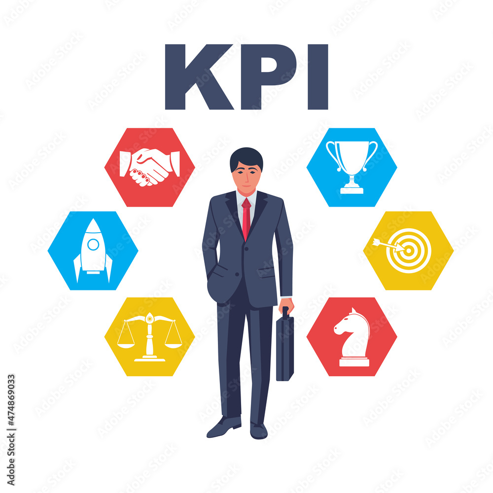 Key performance indicators. KPI concept. Confident businessman with a ...