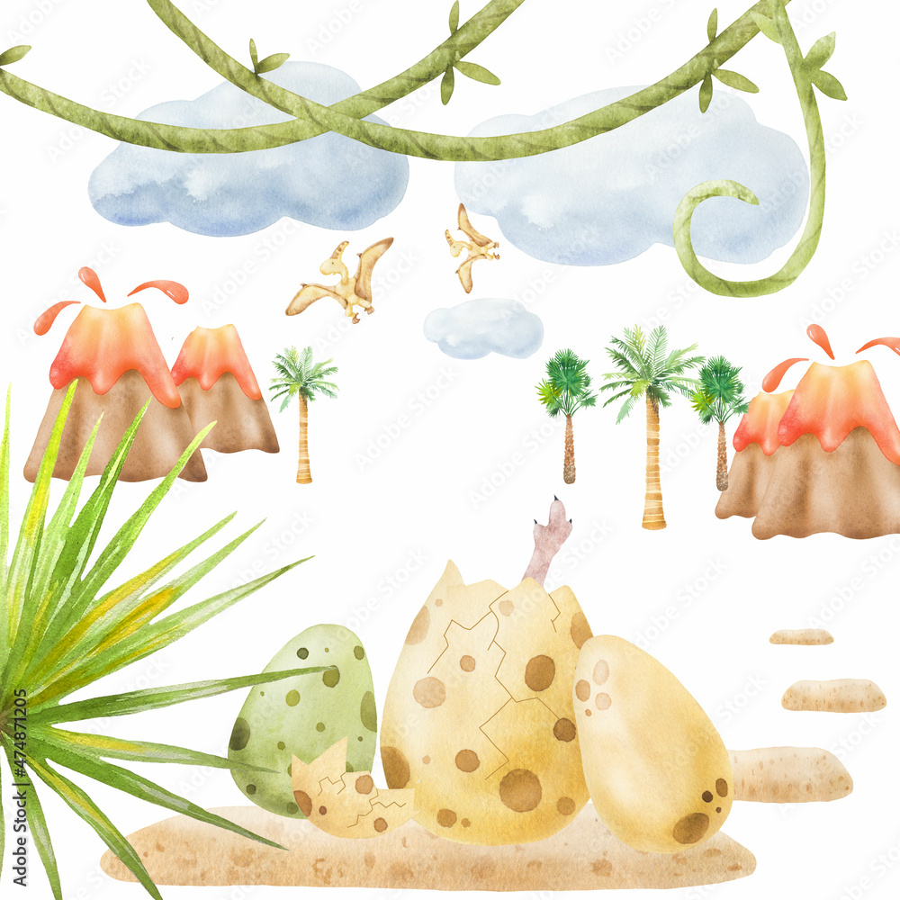 Cute prehistoric watercolor illustration of a dinosaur hatching from ...