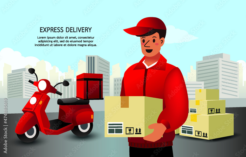 Fast delivery man with motorcycles. Customers ordering on the mobile ...