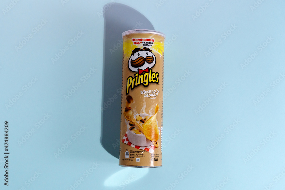 Tyumen, Russia-August 7, 2021: Pringles chips. Owned by the Kellogg ...