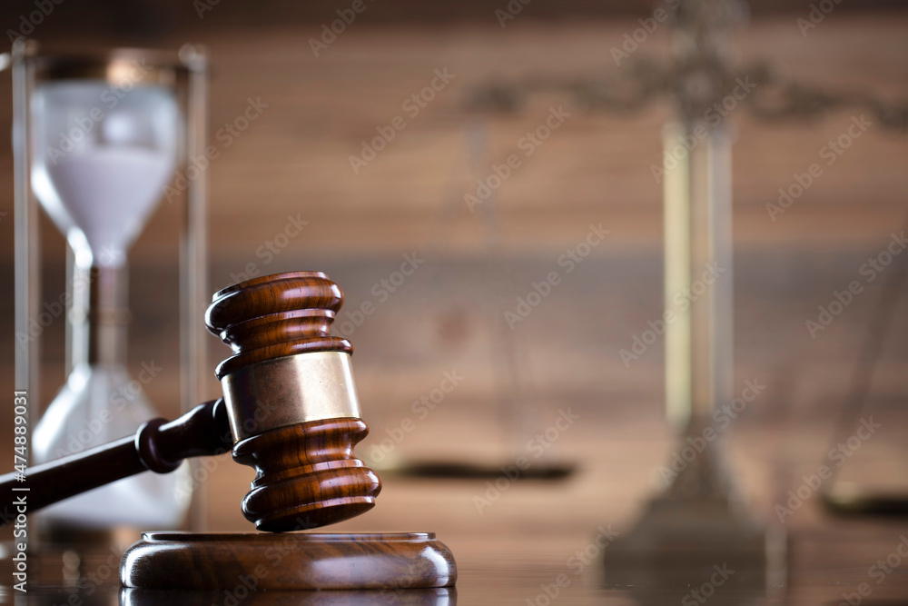 Judge office. Law and justice symbols composition: judge’s gavel, scale ...