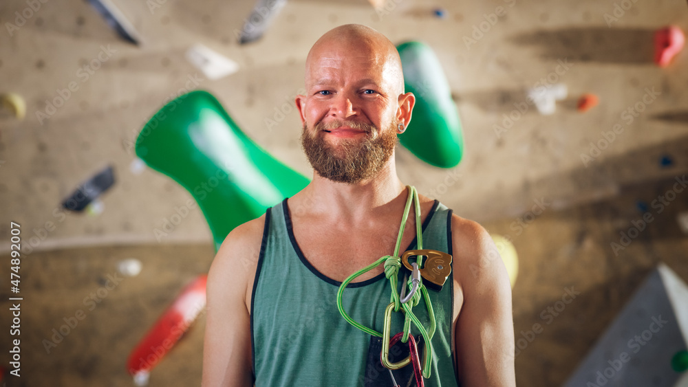 Strong Masculine Male Athlete Smiling and Posing at Rock Climbing Gym ...