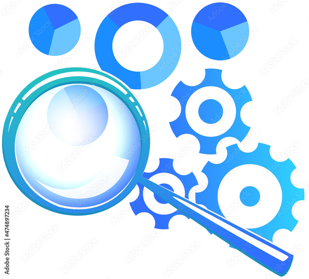 Data analytics line icon. Magnifying glass, diagrams and gears vector ...
