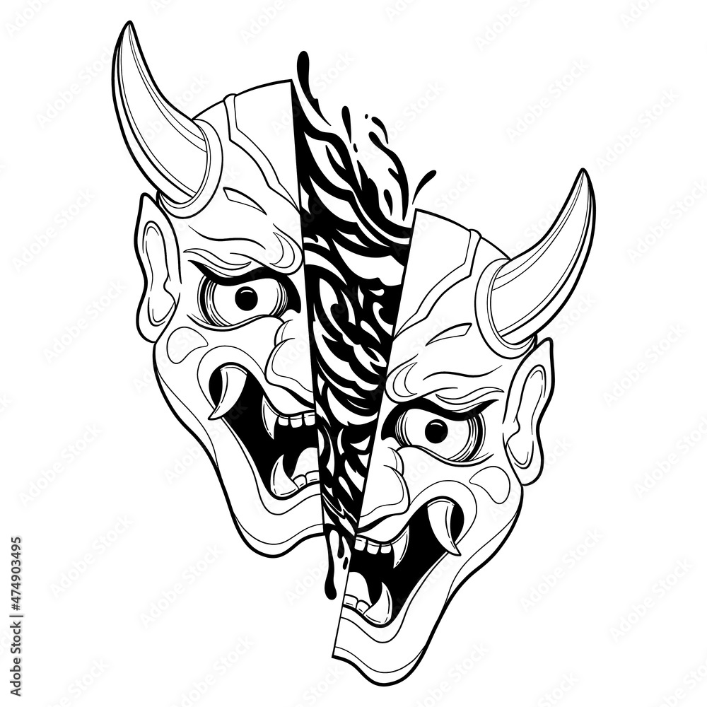 hannya mask tattoo japanese tattoo kabuki mask line vector art Stock ...