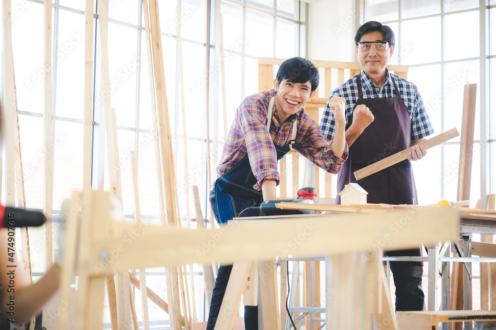 wooden workshop concept, carpenter team craftsman person working with a ...
