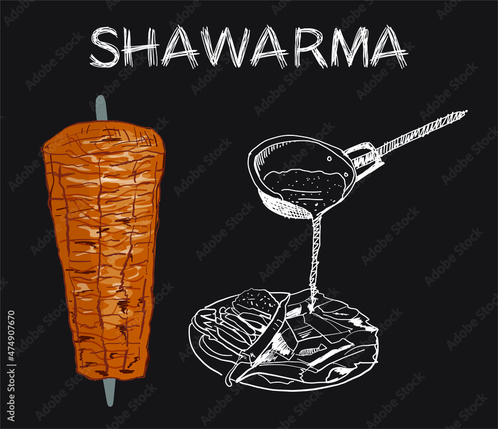Shawarma cooking and ingredients for kebab. Doner kebab hand drawn ...