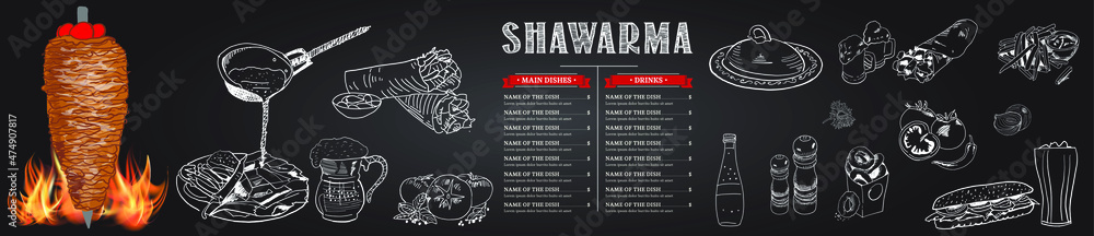 Shawarma cooking and ingredients for kebab. Doner kebab hand drawn ...
