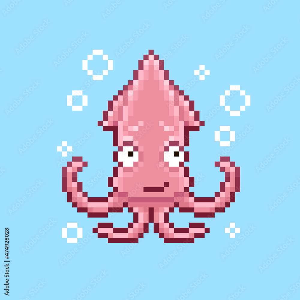 simple vector pixel art sign of cartoon smiling modest cute squid ...