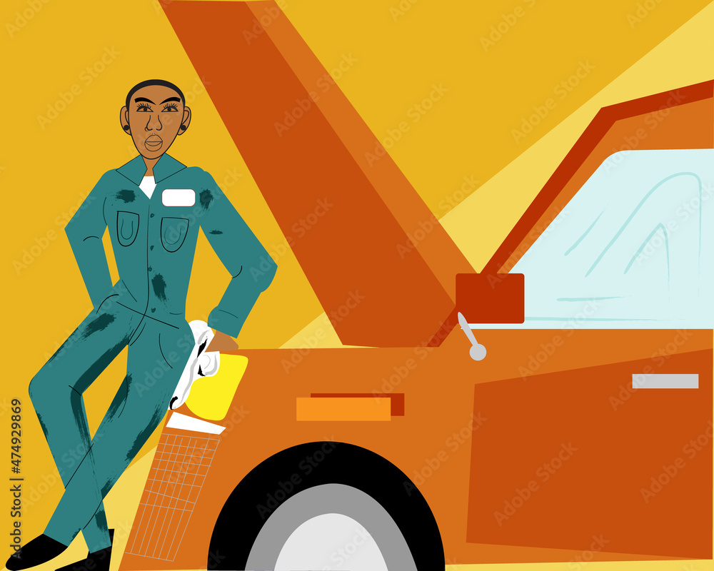 Transgender man mechanic leaning on the car Stock Vector | Adobe Stock