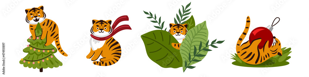 Cute cartoon tiger wearing red scarf, peeking out of thicket, climbing ...