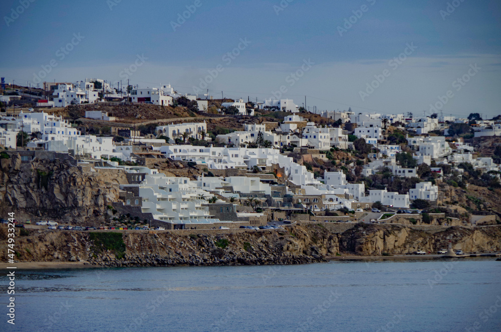 Picturesque landscape scenic view of Greek Island coastal town city of ...