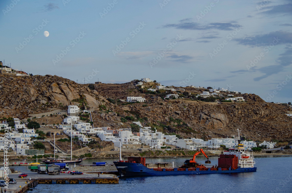 Picturesque landscape scenic view of Greek Island coastal town city of ...
